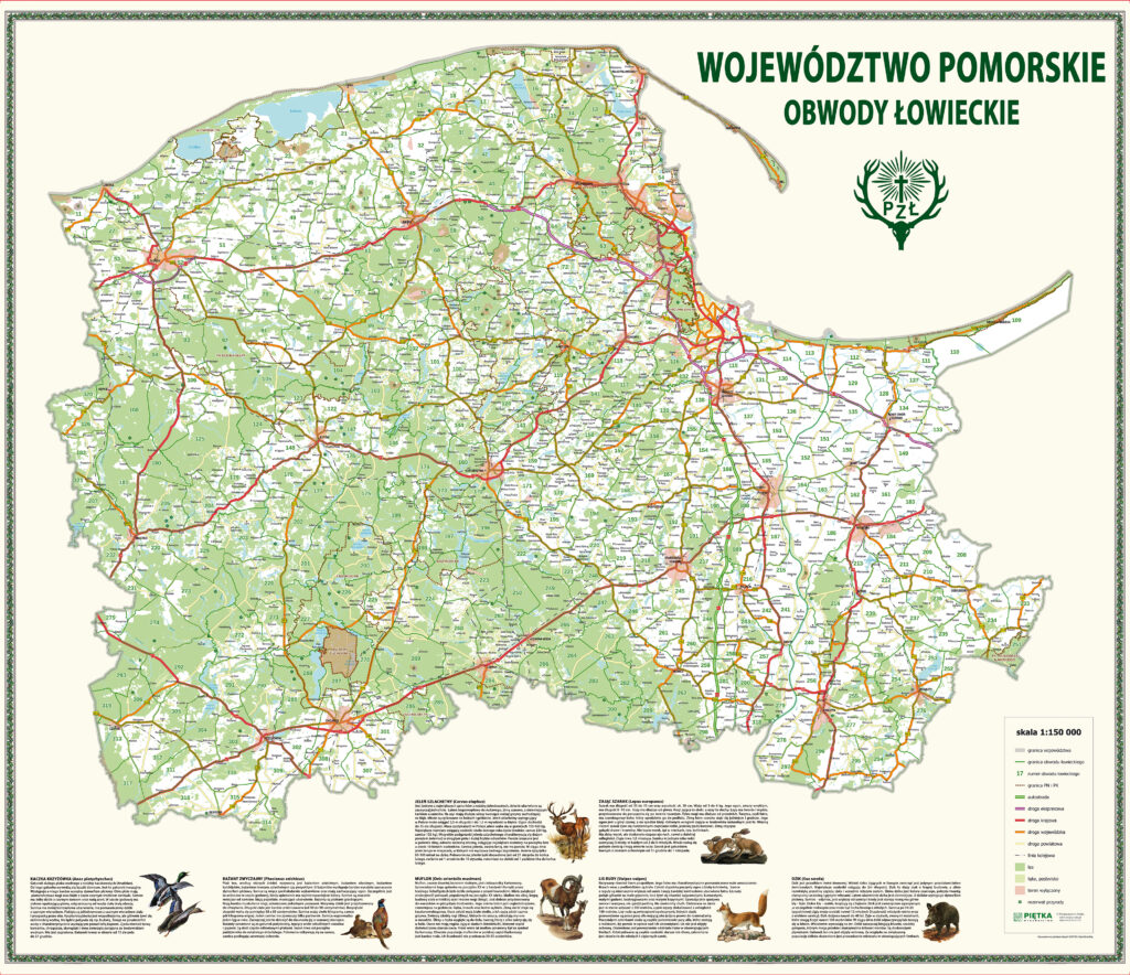 MAPA ŚCIENNA WOJEWÓDZTWA POMORSKIEGO – OBWODY ŁOWIECKIE 1:150 000