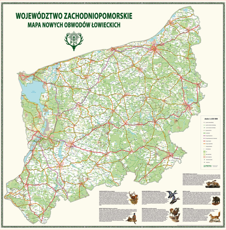 MAPA ŚCIENNA WOJEWÓDZTWA ZACHODNIOPOMORSKIEGO – OBWODY ŁOWIECKIE 1:155 000